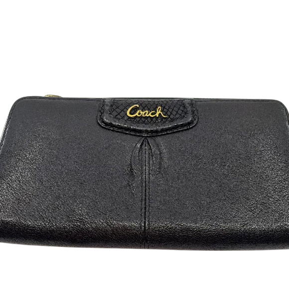 Coach | Bags | Coach Black Leather Ziparound Wallet With Gold Logo ...